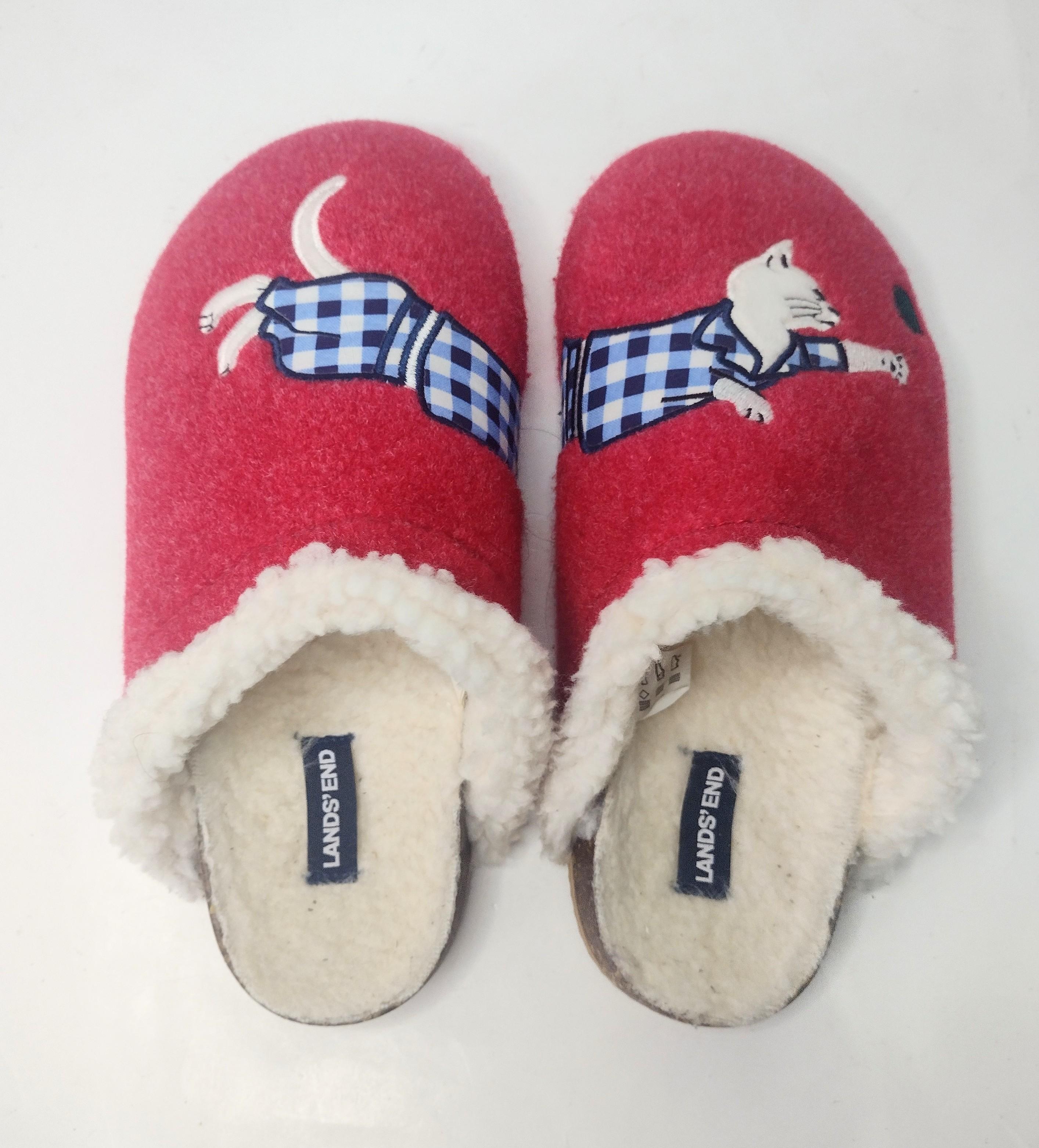 Lands End Felt Sherpa Cat Slippers Size 9 Red Cork Bottoms Mules Slip On Cozy