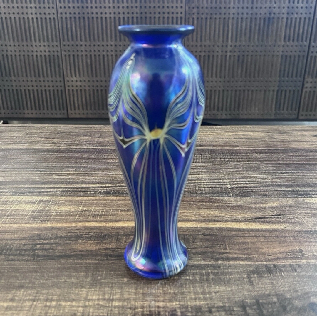 Vintage Marc Boutte Iridescent Favrile Vase Cobalt Blue 1995
