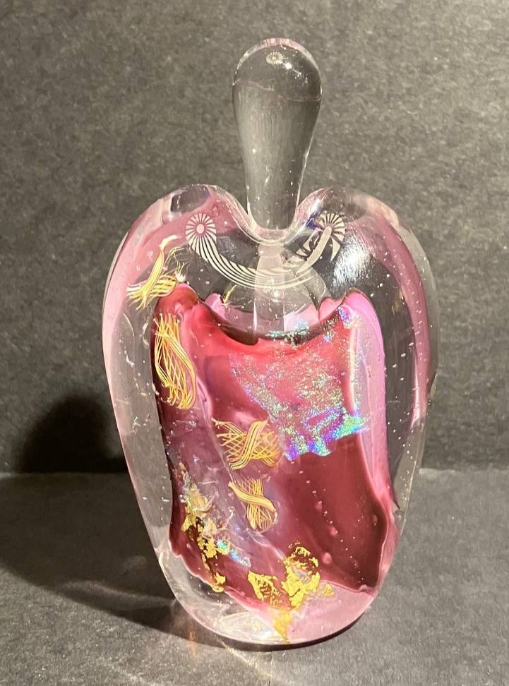 Gary Zack Hand Blown Glass Perfume Bottle Gold Pink Blue Art Glass Signed
