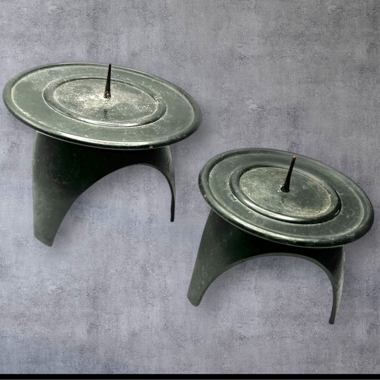 Pair of Verdigris Metal Atomic Candle Holders