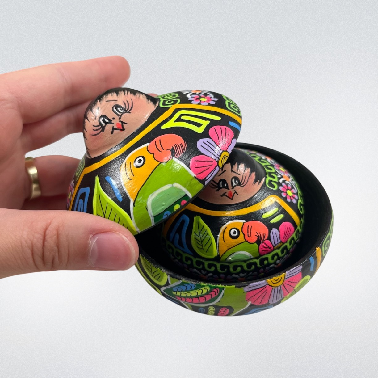 Colorful Pottery Nesting Figures Trinket Boxes, Ceramic Painted Folk ...