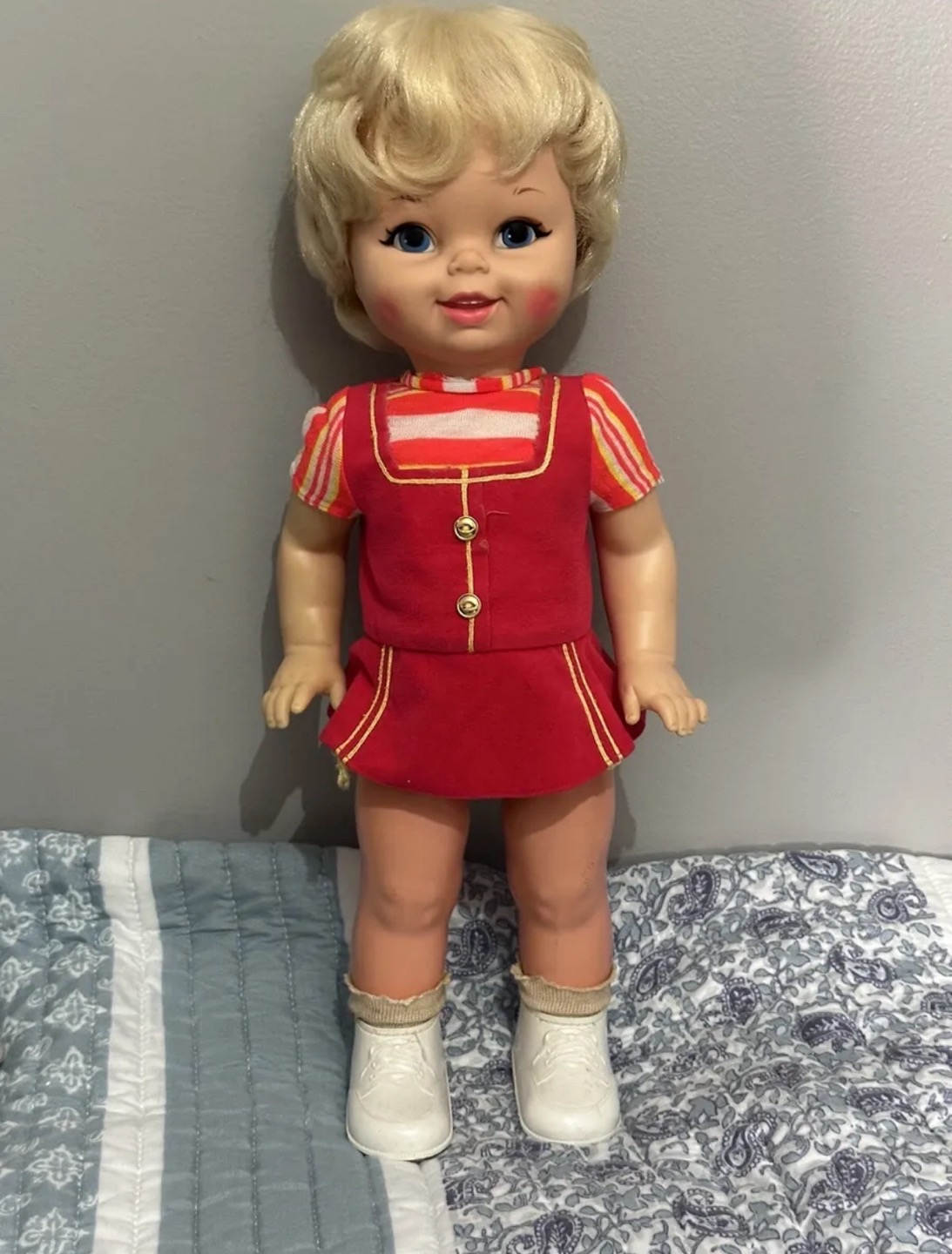 Mattel First Steps Doll 1967 18” Red Yellow Dress White Shoes Girl Doll In