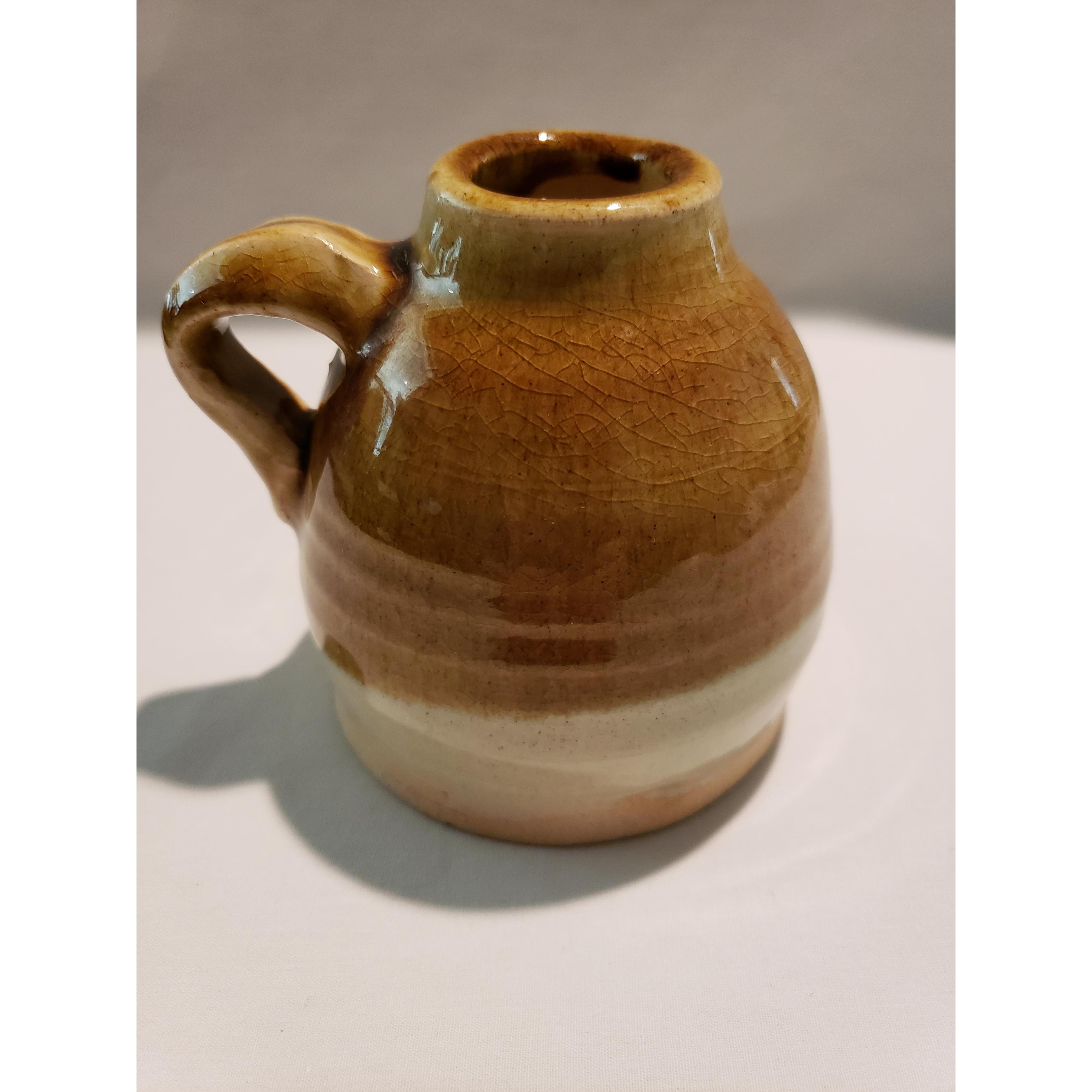 Small Handmade Pottery Jug Tan and White Mostly Glazed Signed