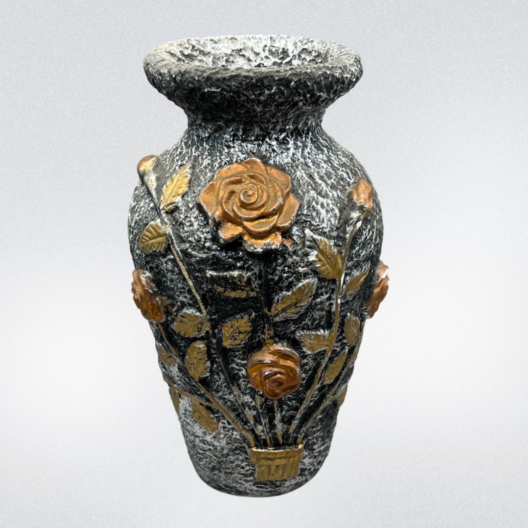 Large Vintage Chalkware? MCM Vase With Florals Has Chips On Flowers 10.5”