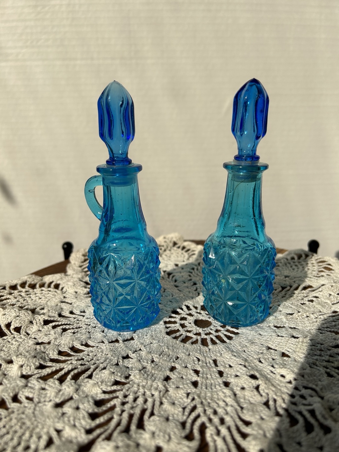 Pair Of Indian Glass Small Cruet Set Diamond Point Pattern Peacock Blue ...