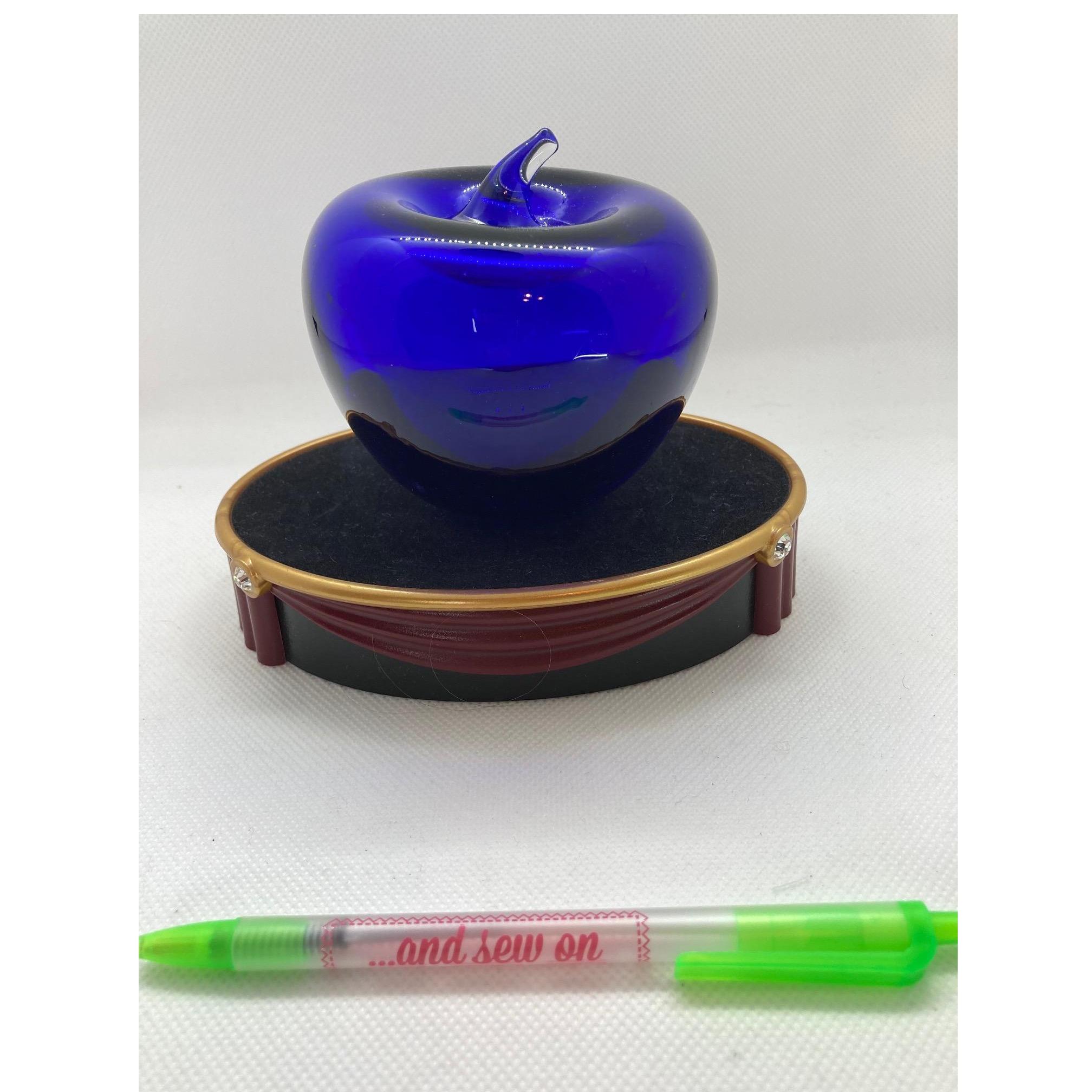 Art Glass Cobalt Blue Apple with Clear Stem Flat Smooth Bottom