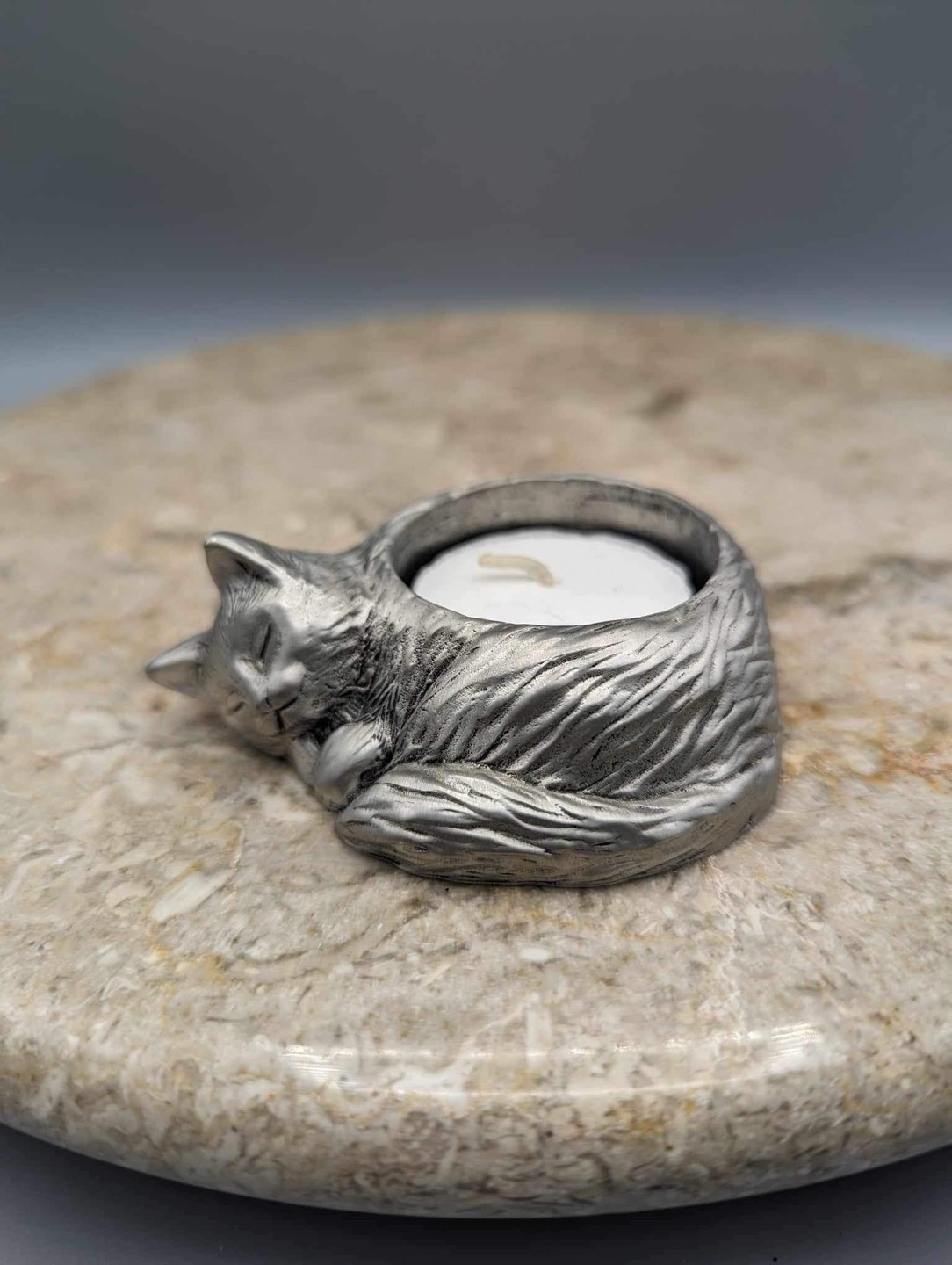 Pewter Sleeping Cat Candle Holder marked Seagull Pewter 3 5/8" X 1"