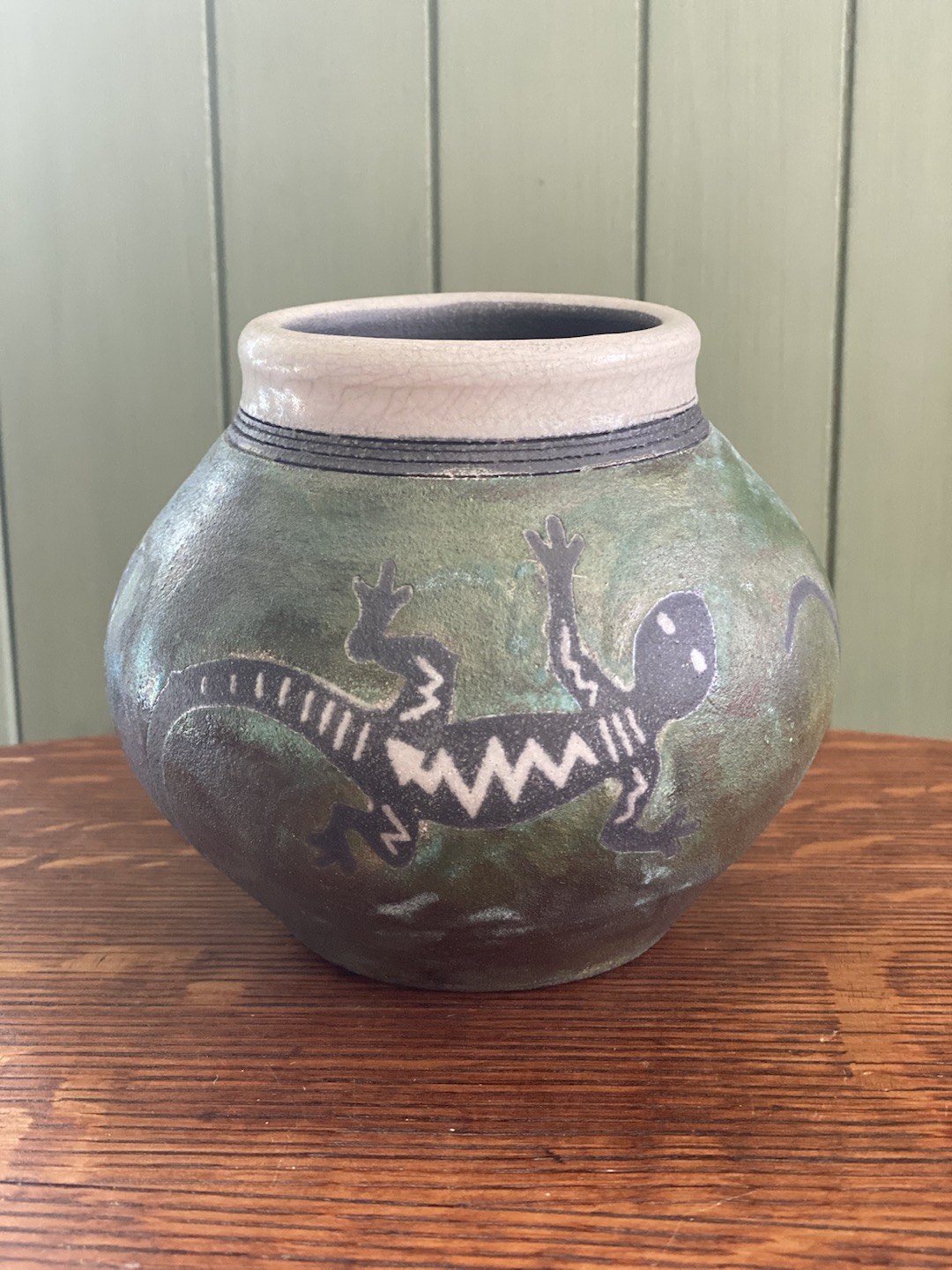 J Dillon Raku Pottery Vase Lizards
