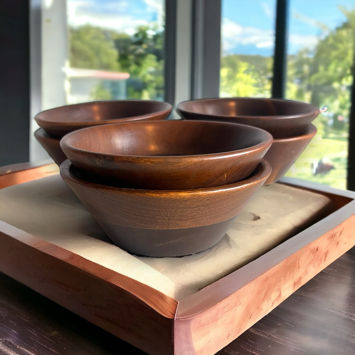 Vintage Vermillion Real Walnut Wooden Butcher Block 6" Salad Bowls SET OF 6