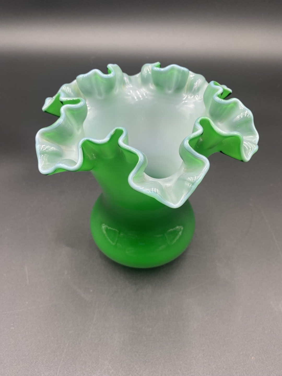 Vintage Fenton 6.5" Ruffled Vase, Ivy Green Overlay over White, 1949 ...