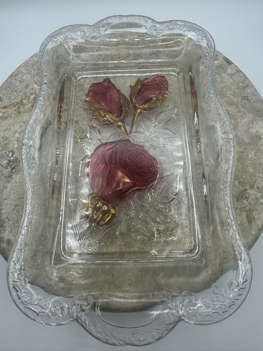 Vtg Goofus Glass Reverse Painted Embossed Red and 22k Gold Roses Vanity ...