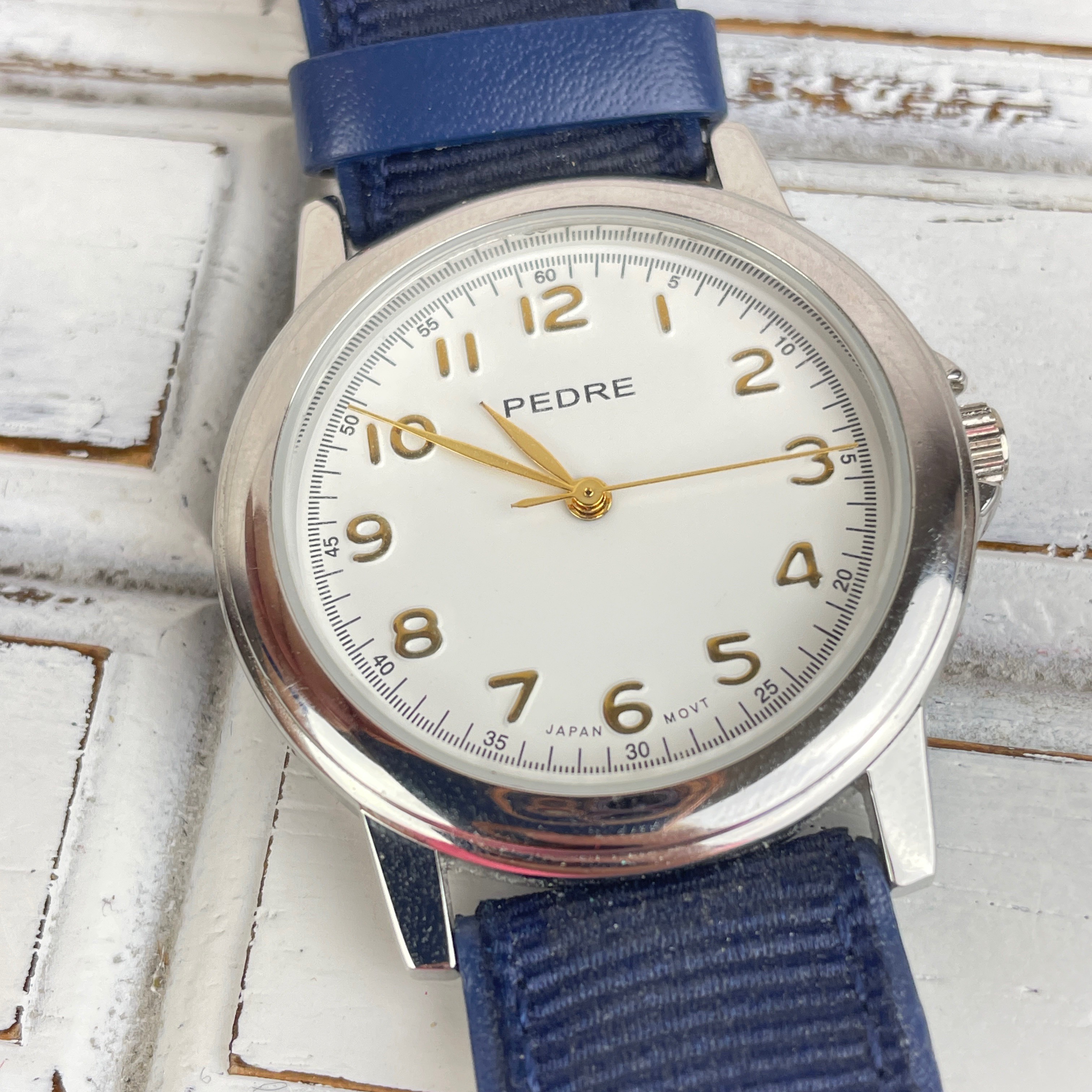 Vintage PEDRE Ladies Wrist Watch Silver Bezel Blue Band