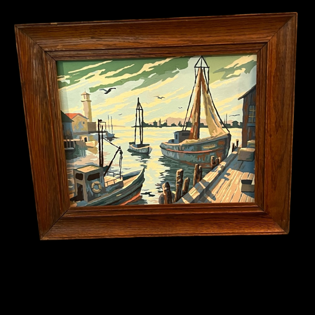 Vintage 1960s Mid Century Boat Harbor Nautical Paint By Number Framed ...