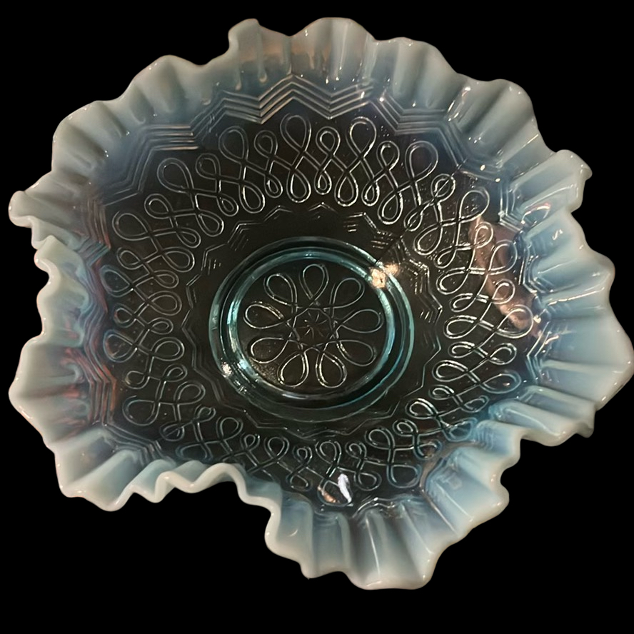 16. Blue Opalescent Jefferson Glass Ruffled Dish- Many Loops Pattern