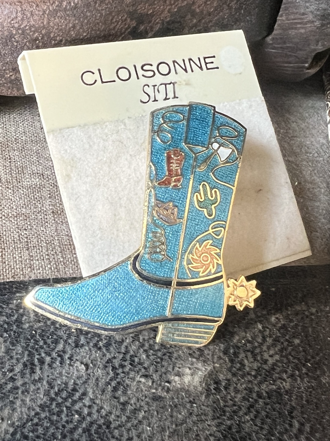 83- Cloisonne Teal Cowboy Boot Brooch
