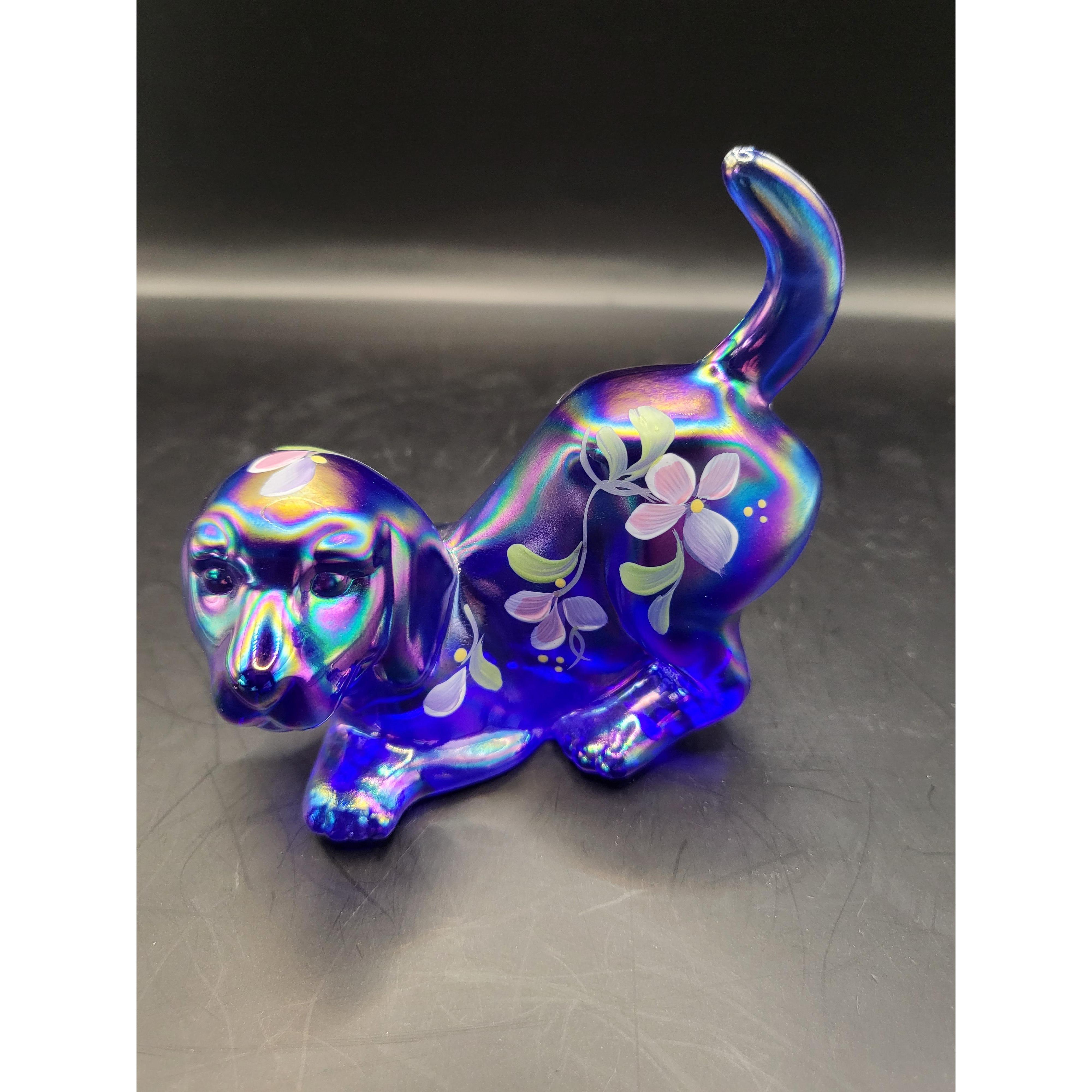 Fenton Cobalt Blue Carnival Art Glass Dog Figurine Hand-painted with ...