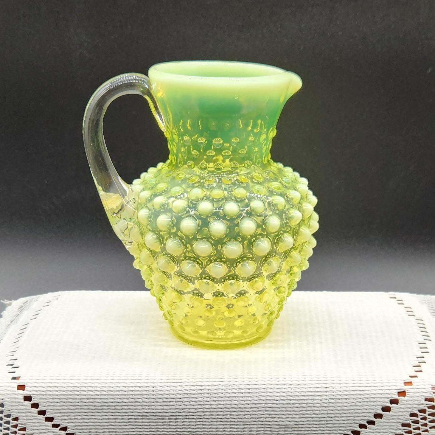 Fenton Yellow Opalescent Hobnail Vaseline Glass Syrup Pitcher GLOWS