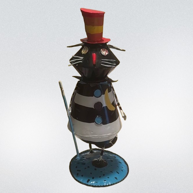 Tall Metal Cool Cat Weirdo in Top Hat Figurine, 13”