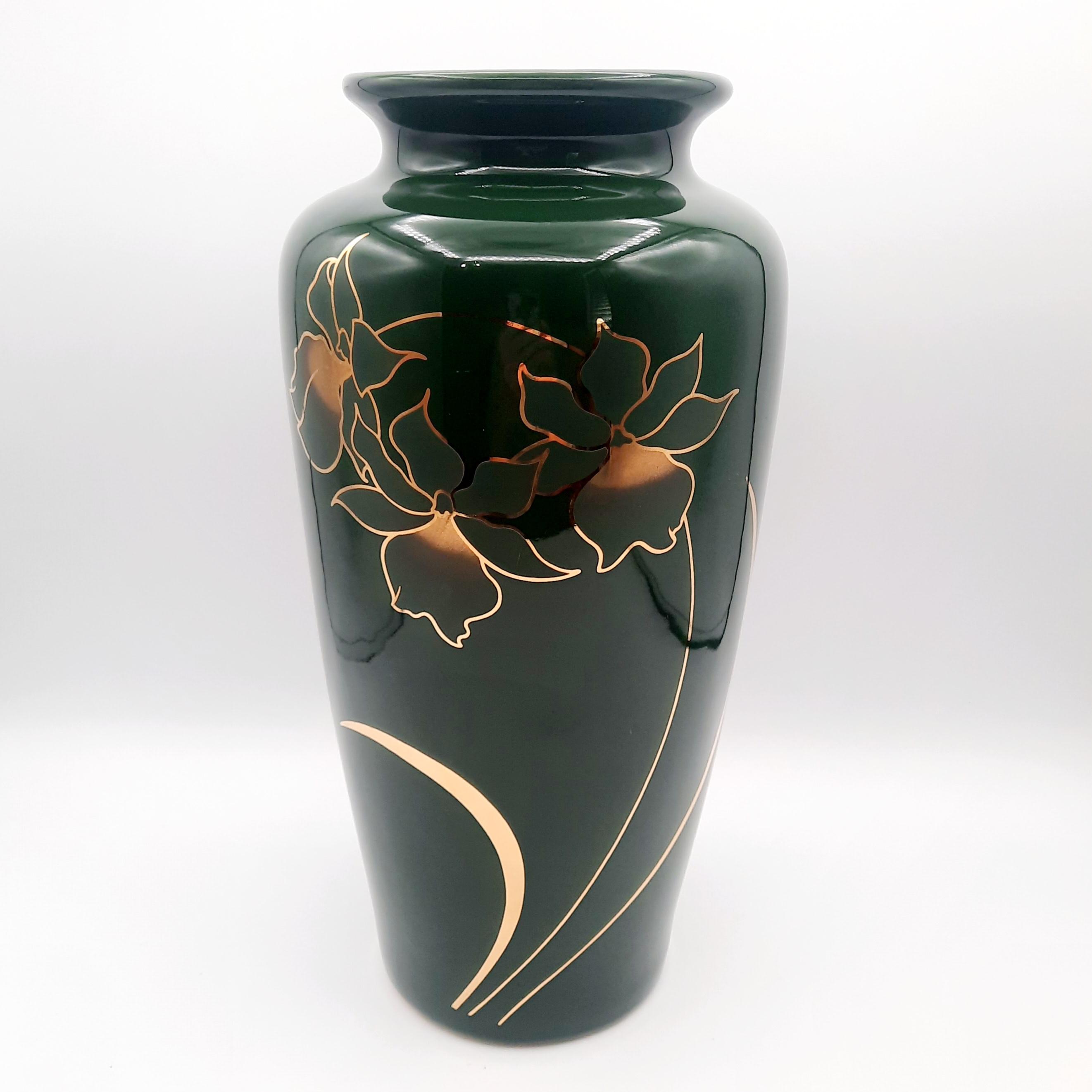 Vintage Harris Pottery Dark Green & Gold Floral Vase