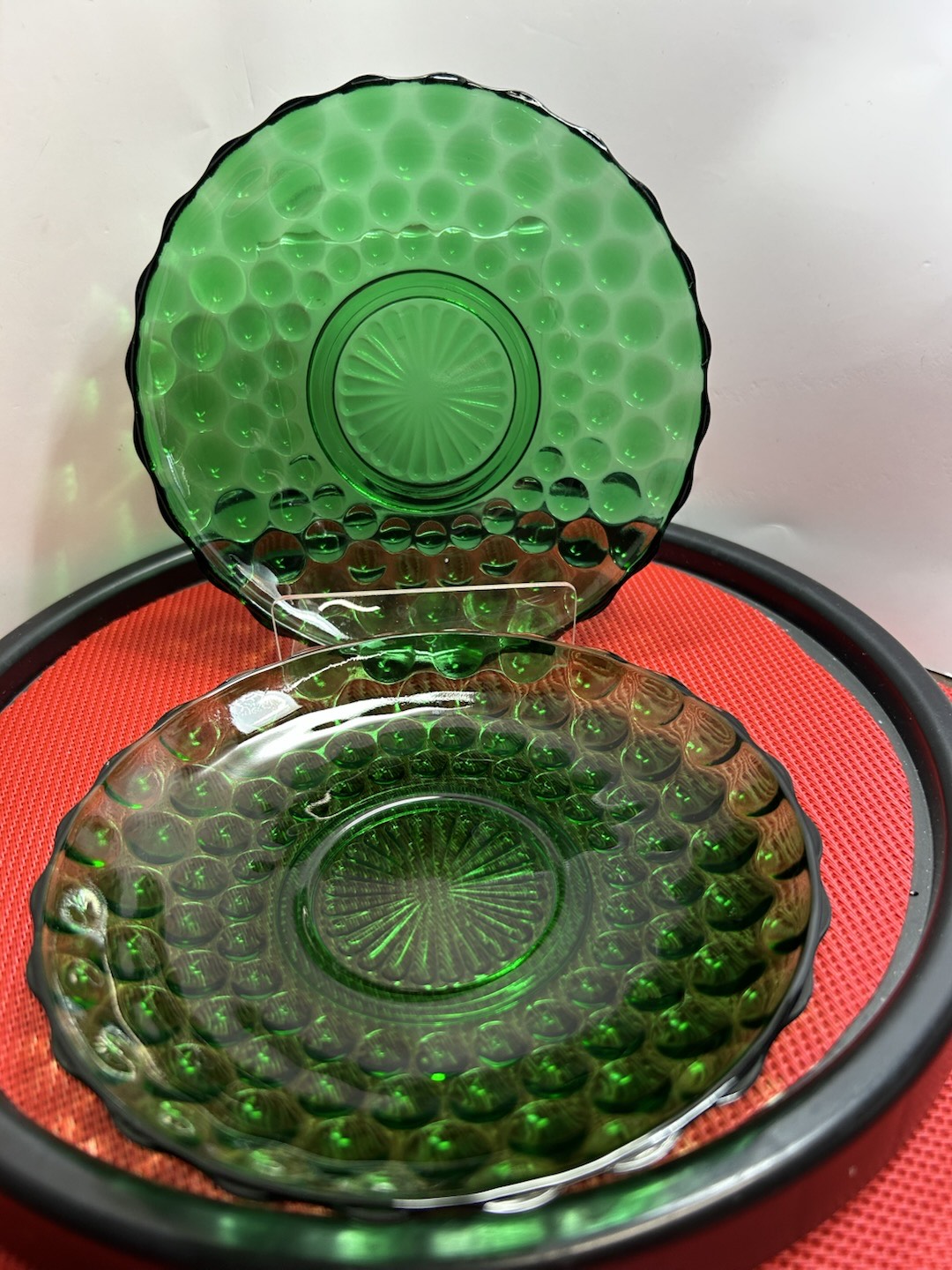 Vintage Anchor Hocking Bubble Pattern, Emerald Green Saucers -2