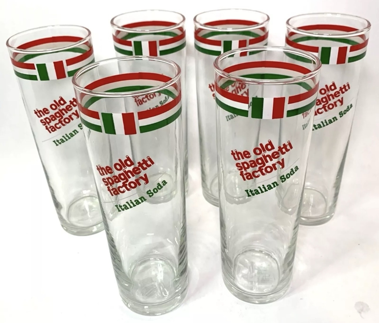 Old Spaghetti Factory Italian Soda Glasses Red Green Set of 5 Vintage