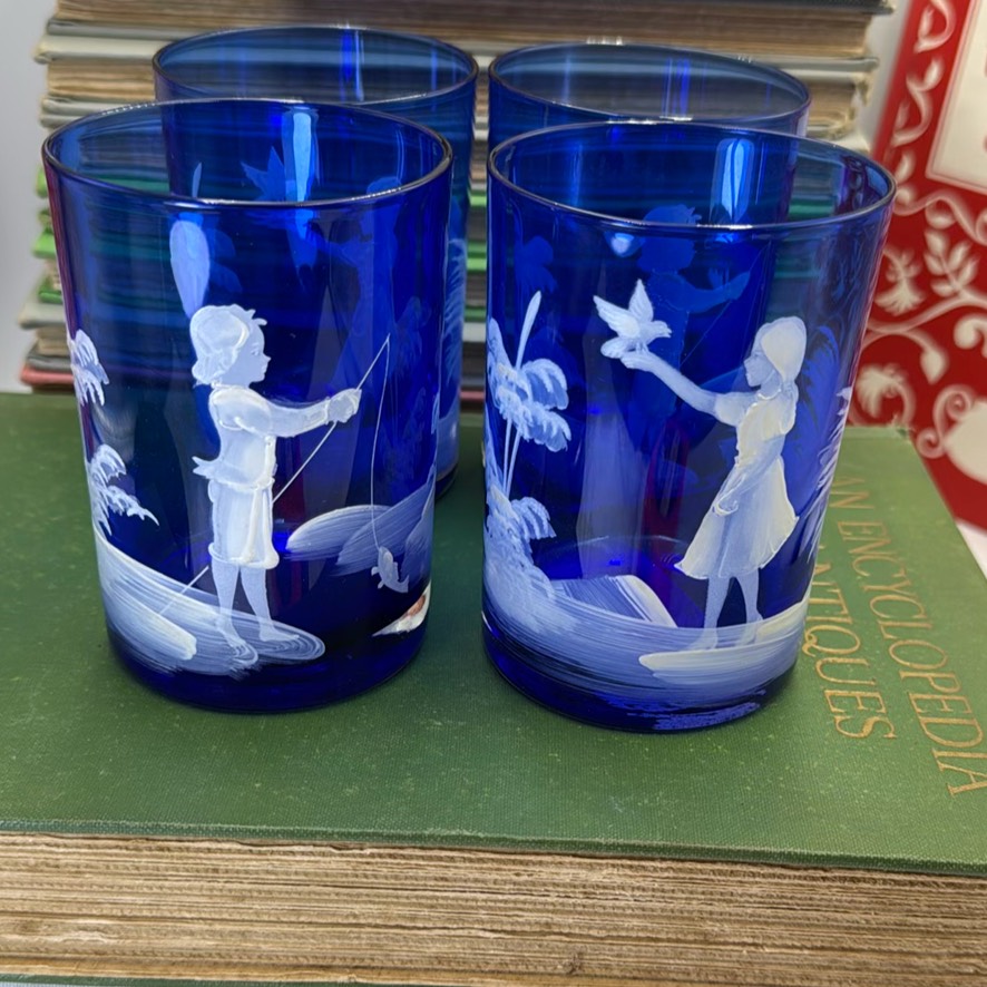 Set Of 4 Vintage Mary Gregory Fenton Cobalt Handpainted Glasses - Boy ...