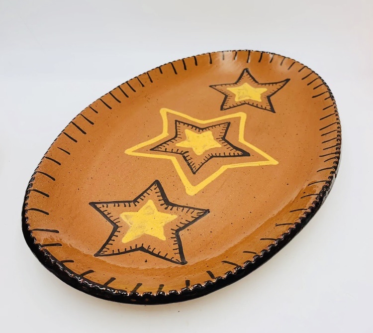 06 Craft Pottery Ohio Redware Ginger Cazan Folk Art Star Platter Yellow ...