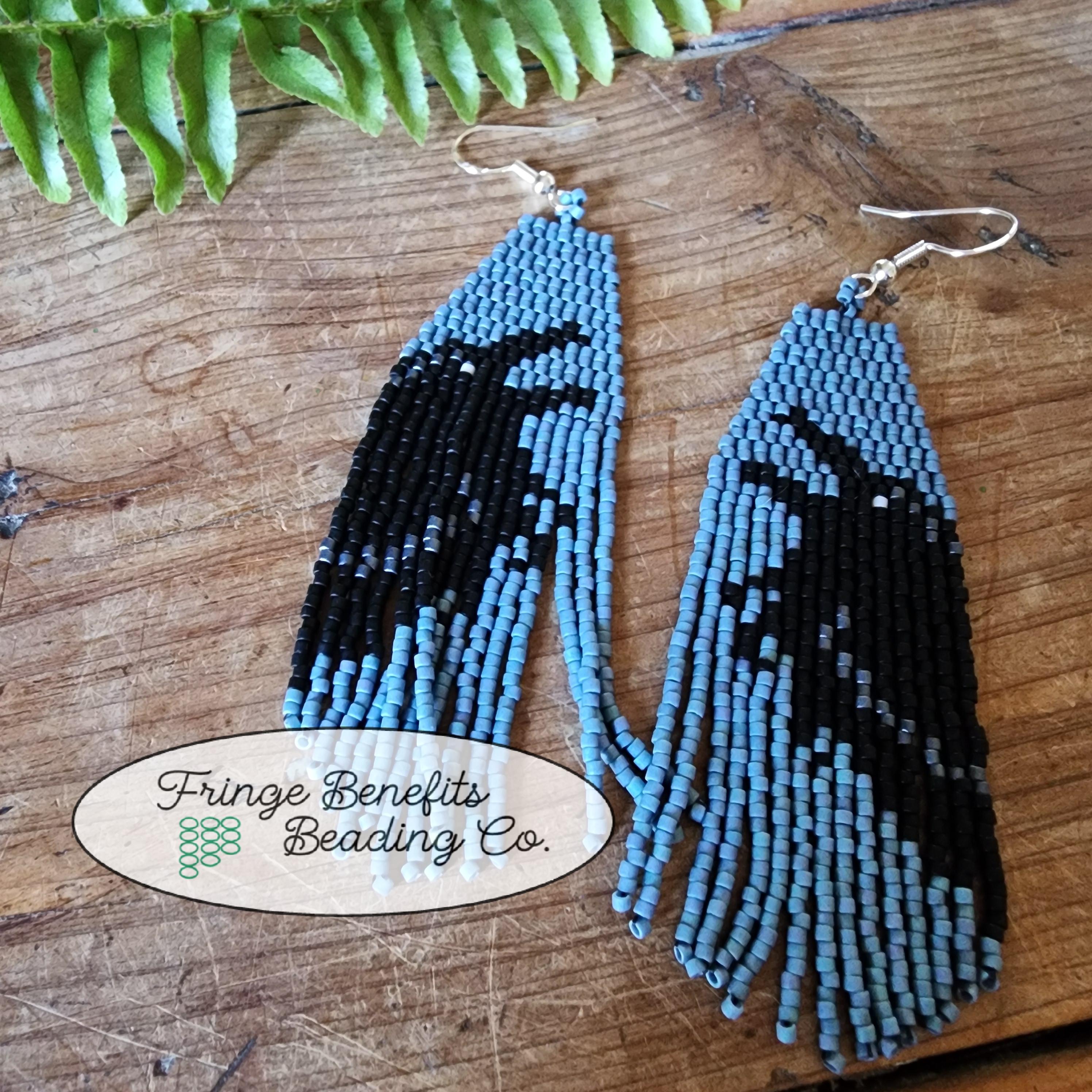 Hand-beaded "Overly Dramatic Raven" Fringe Earrings with Sterling ...