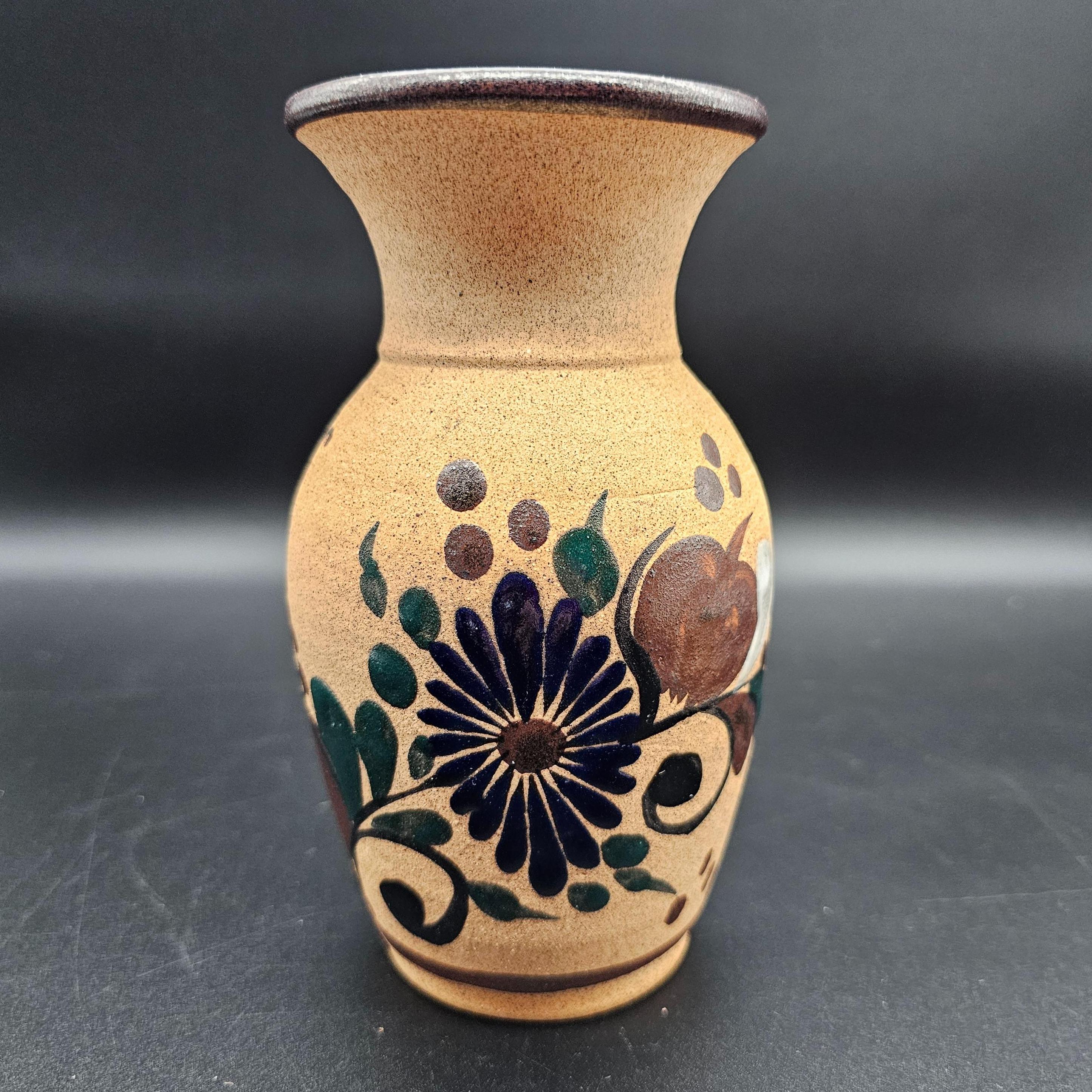 Mexican Tonala Sandstone Pottery Vase Hand Painted Flower Design 6.5 ...