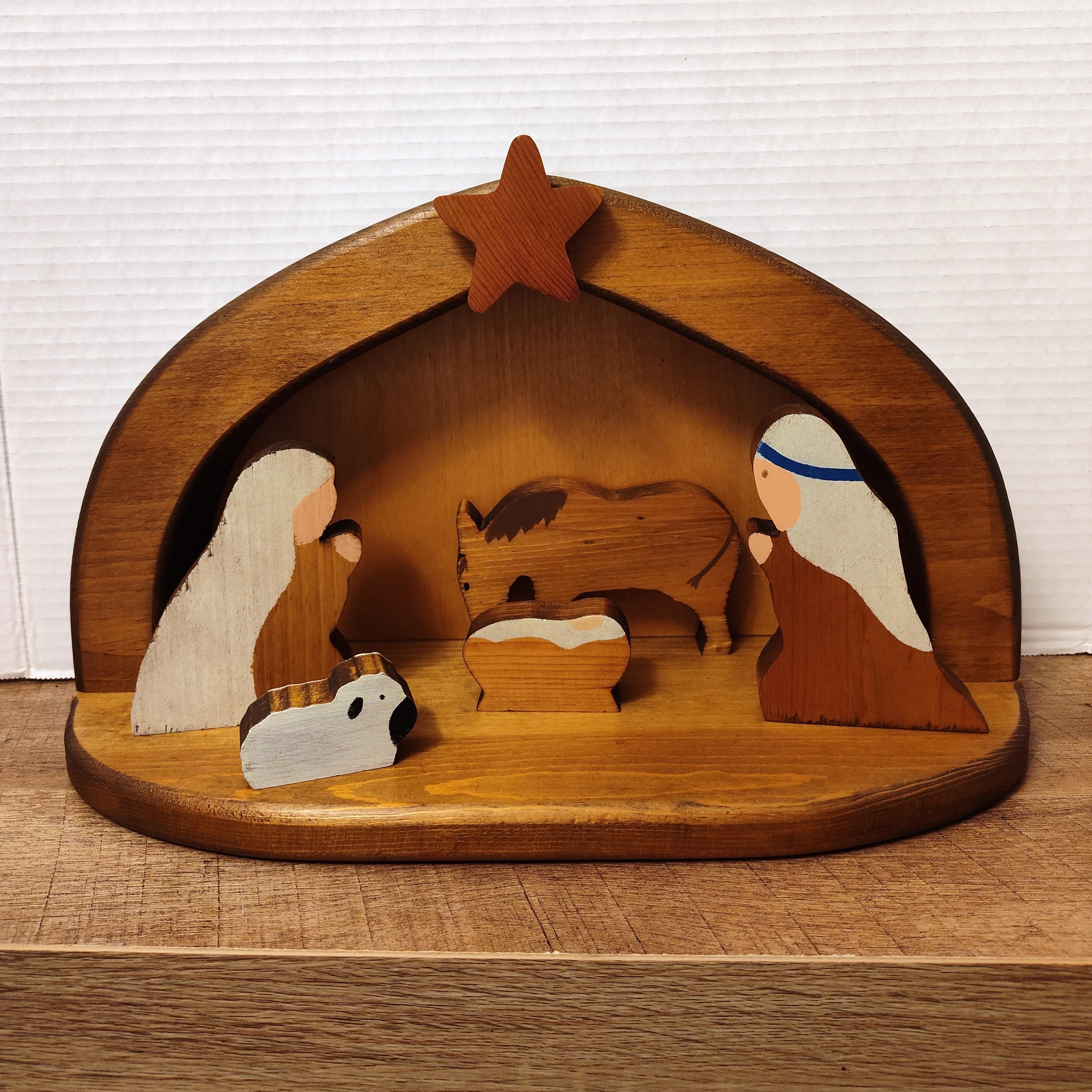 Handmade Wooden Nativity Set w/ Creche