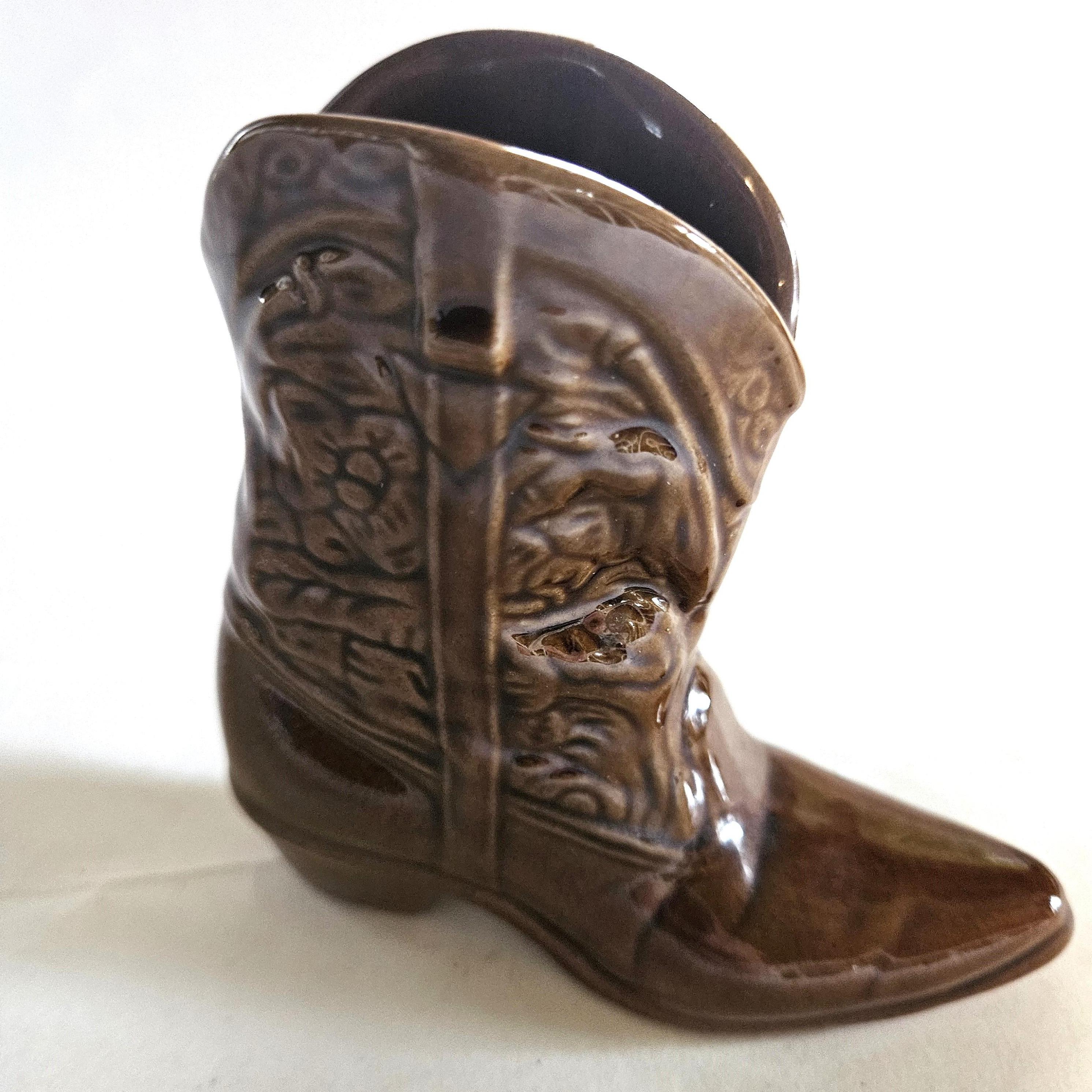 #01 - 1950's Frankoma Pottery Brown Cowboy Boot Planter, 4.5" tall x 5 ...