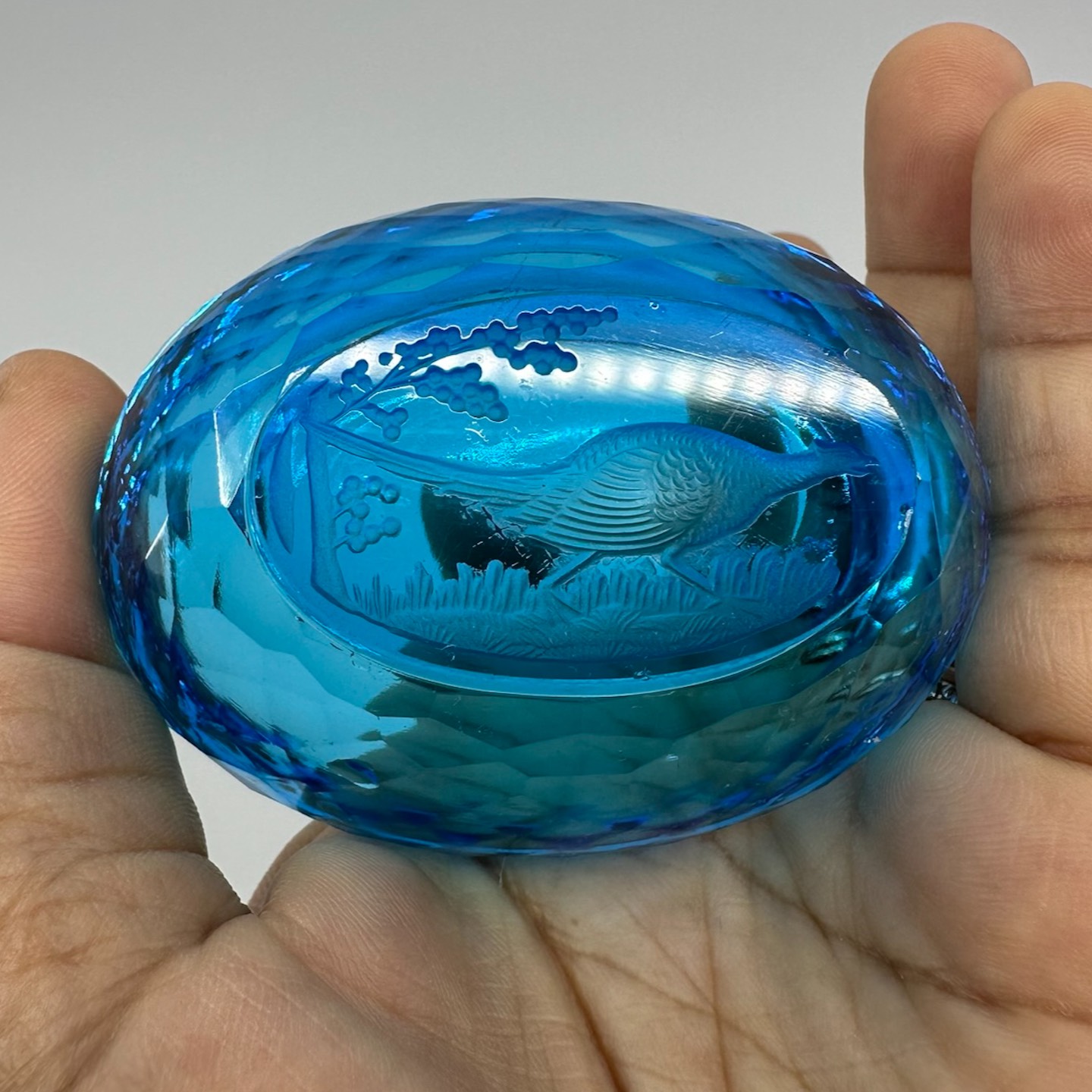 Blue Glass Salt Cellar With Engraved Bird