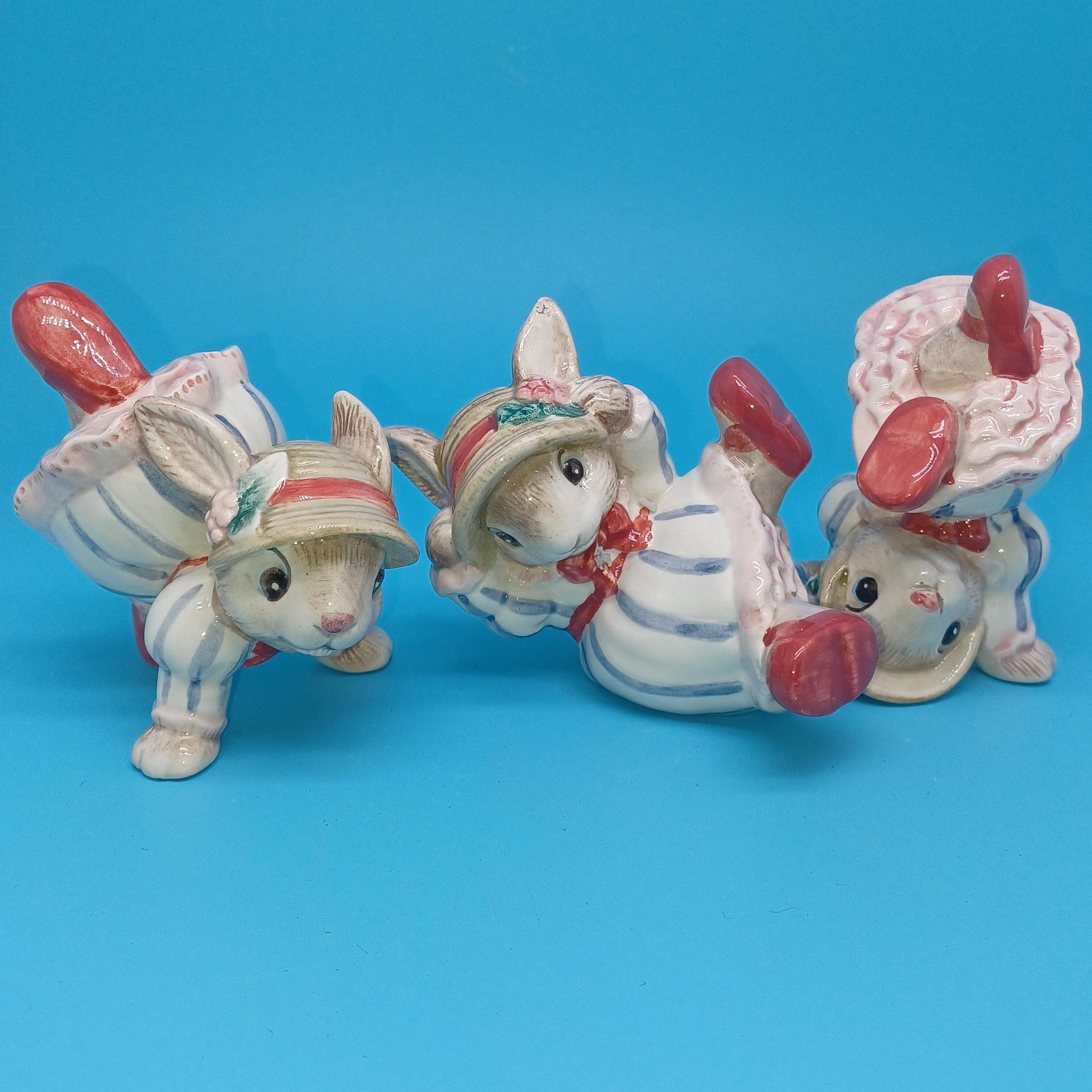 3-PC Fitz & Floyd Figurine SET Tumbling Bonnet Bunnies Ceramic VTG 1993 ...