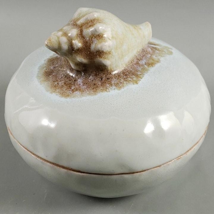 Stoneware ART POTTERY Conch Sea Shell Blue Foam Glaze Nautical Trinket ...