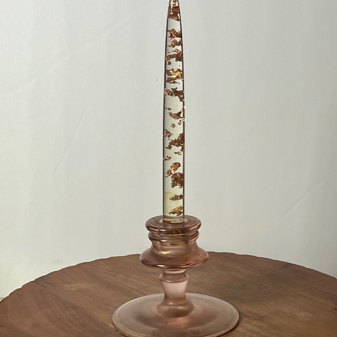 Fenton Velva Rose Stretch Glass Candlestick Holder & Lucite Candle Pair