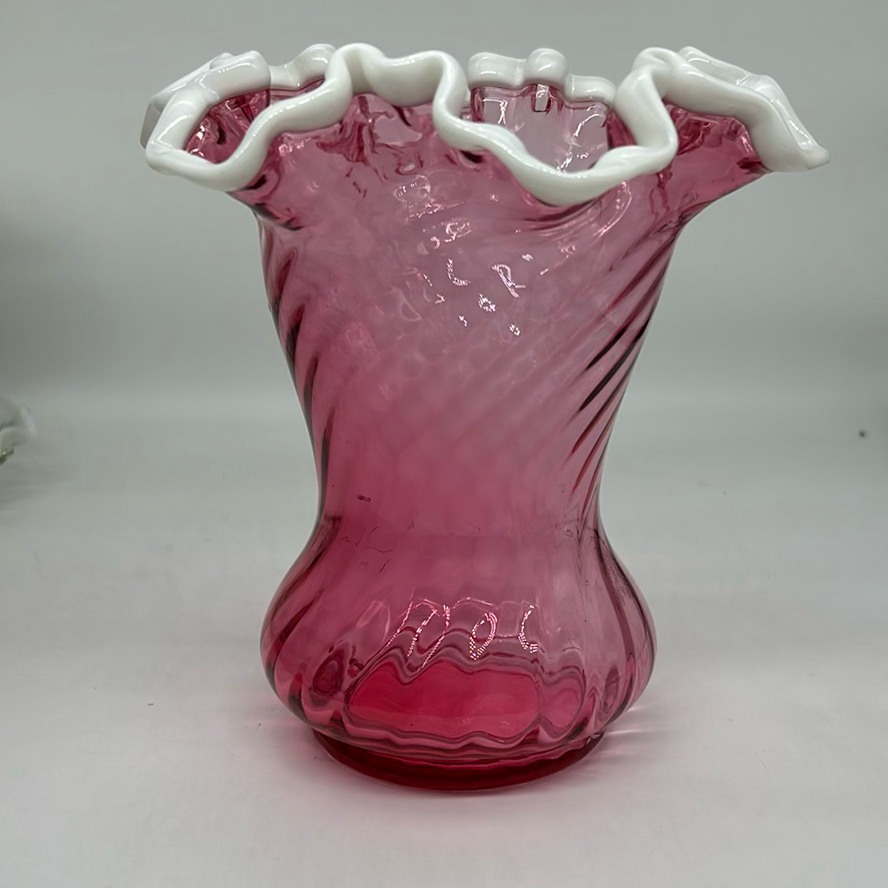 Vintage Fenton cranberry swirl ruffled vase, 6 3/4 tall