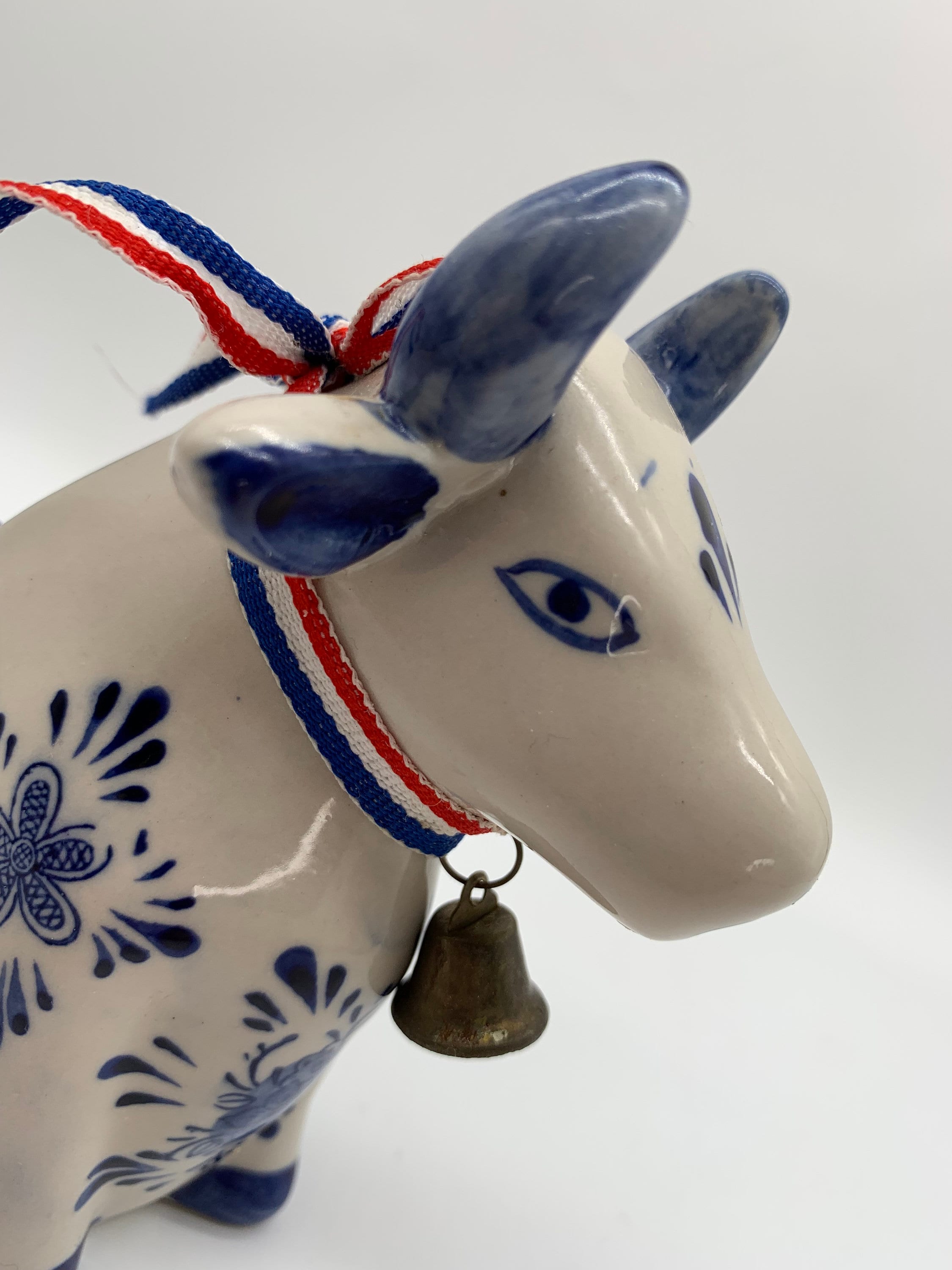 DELFT Blue Hand Painted Cow Creamer By TS Holland Vintage Ribbon and Bell