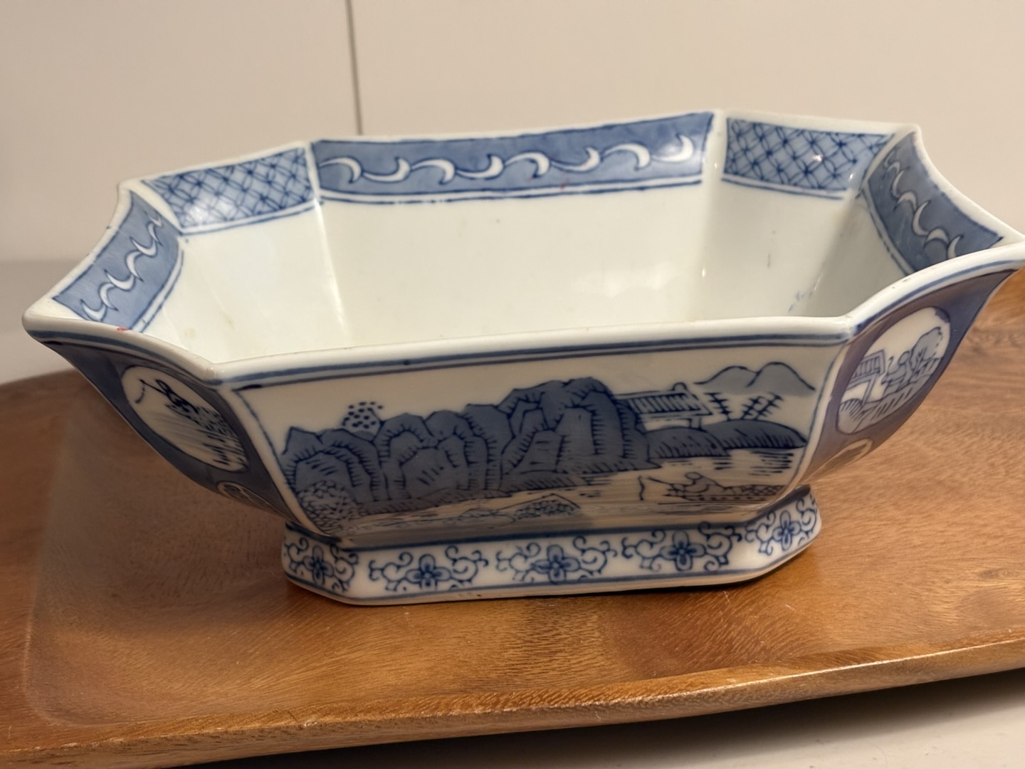 Porcelain Bowl Chinese Marked Blue & White Life Blessing Prosperous