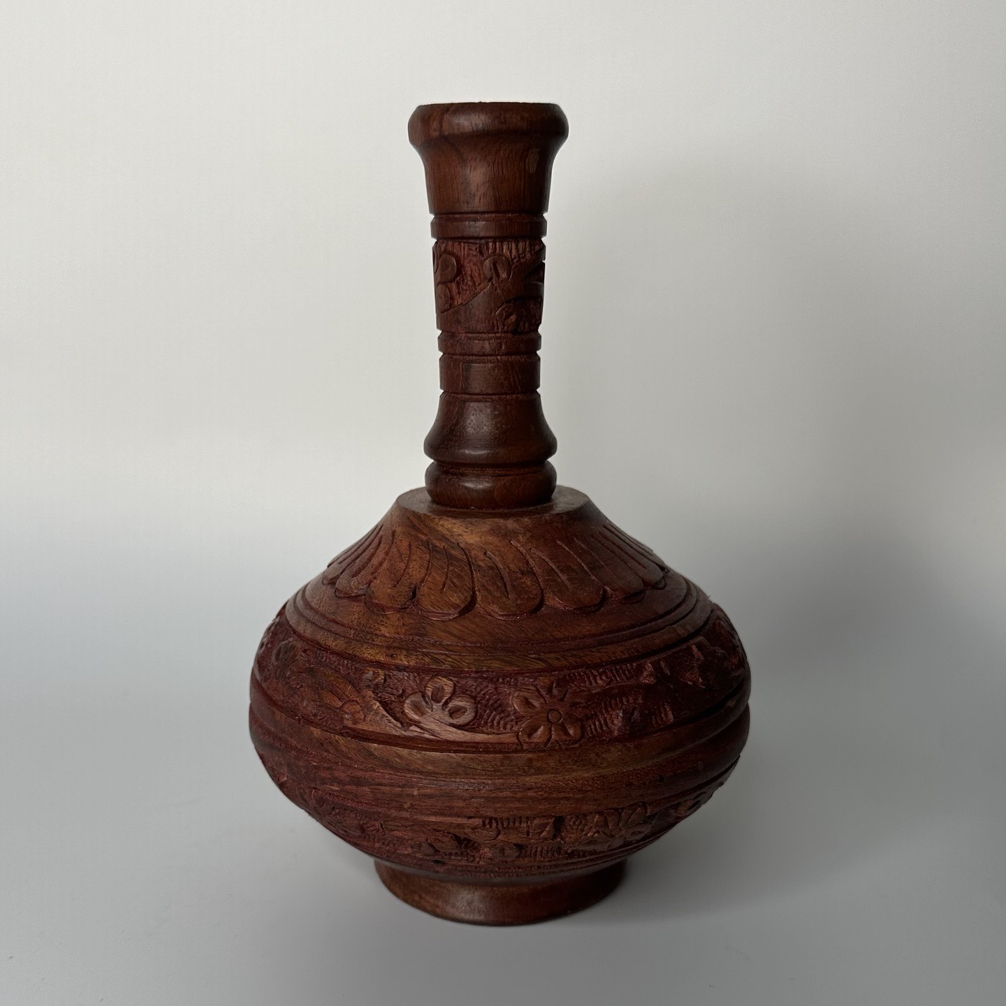 Natural Brown Hand Carved Wooden Surahi Shape Flower Vase