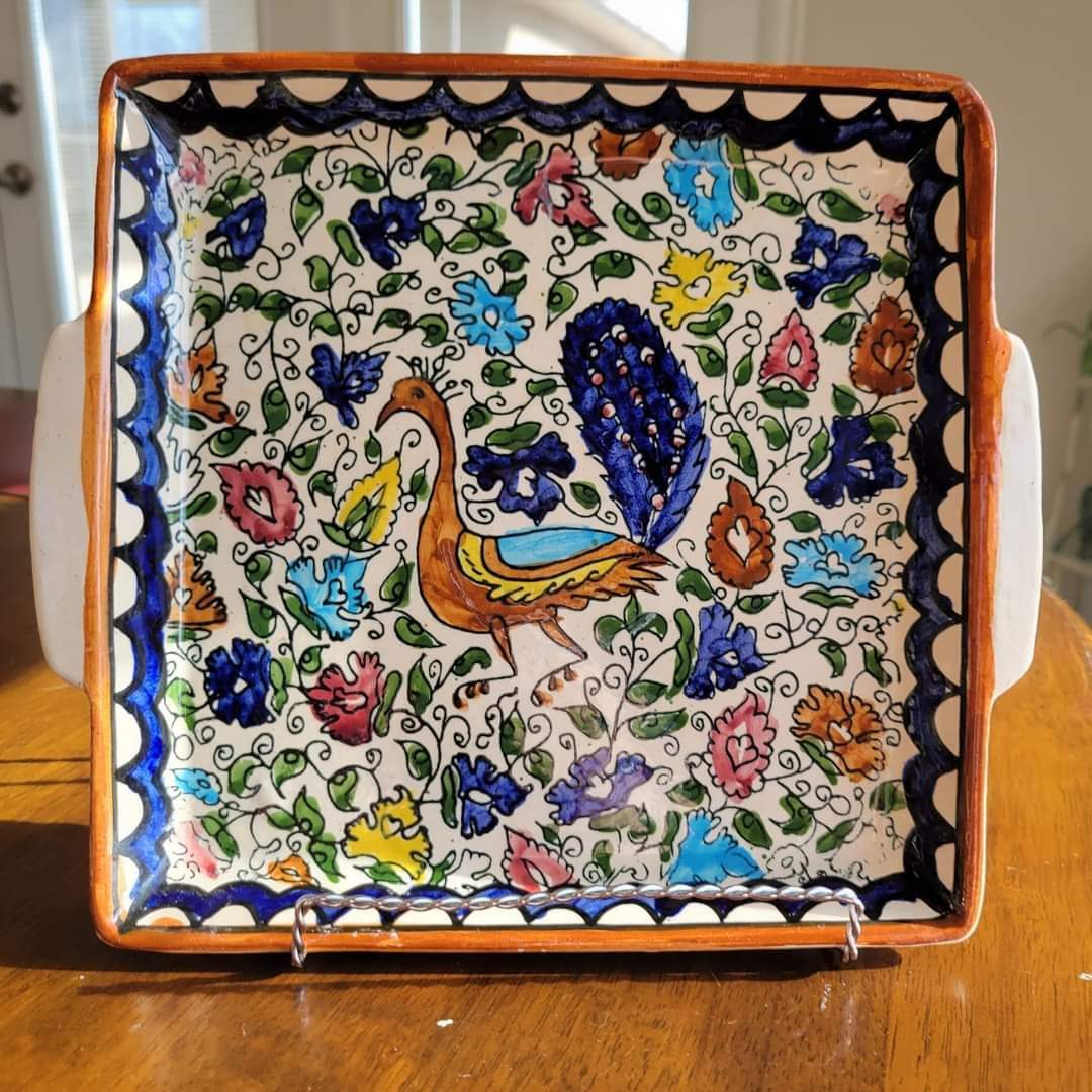 Armenian Square with Peacock Hand-Painted Pottery Serving Art Tray.