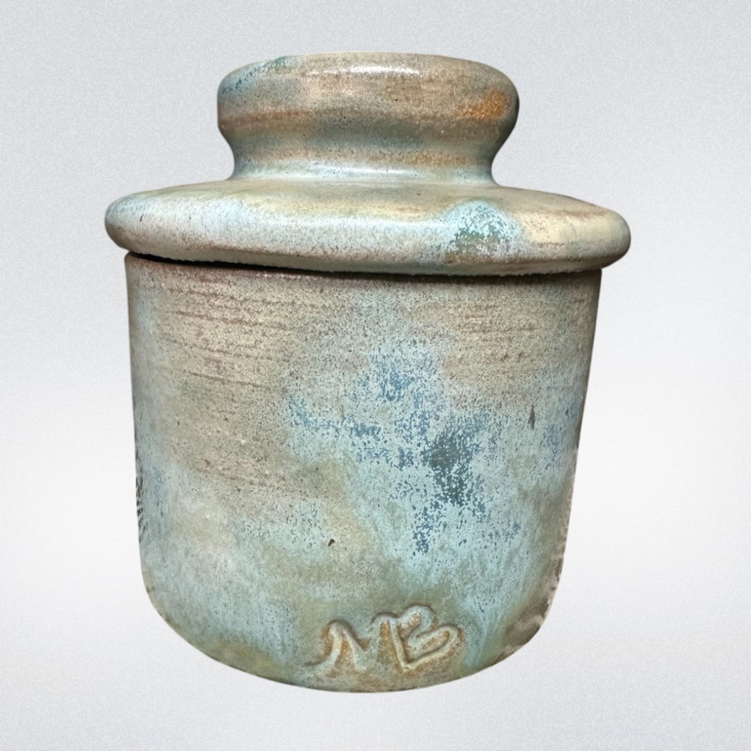 Studio Art Pottery Butter Bell Dish Artist Signed Green, Teal & Beige