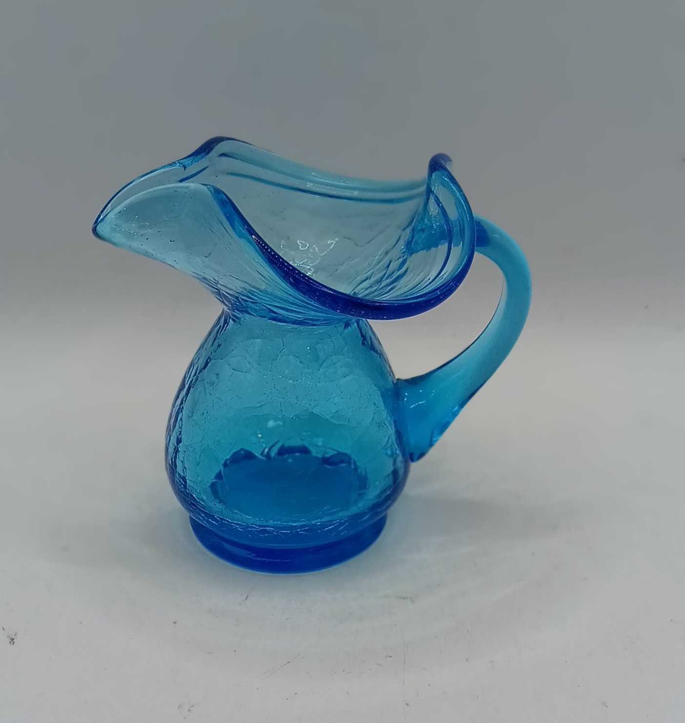 Vintage Blue Crackle Glass Wavy Rim Pitcher 3.25"