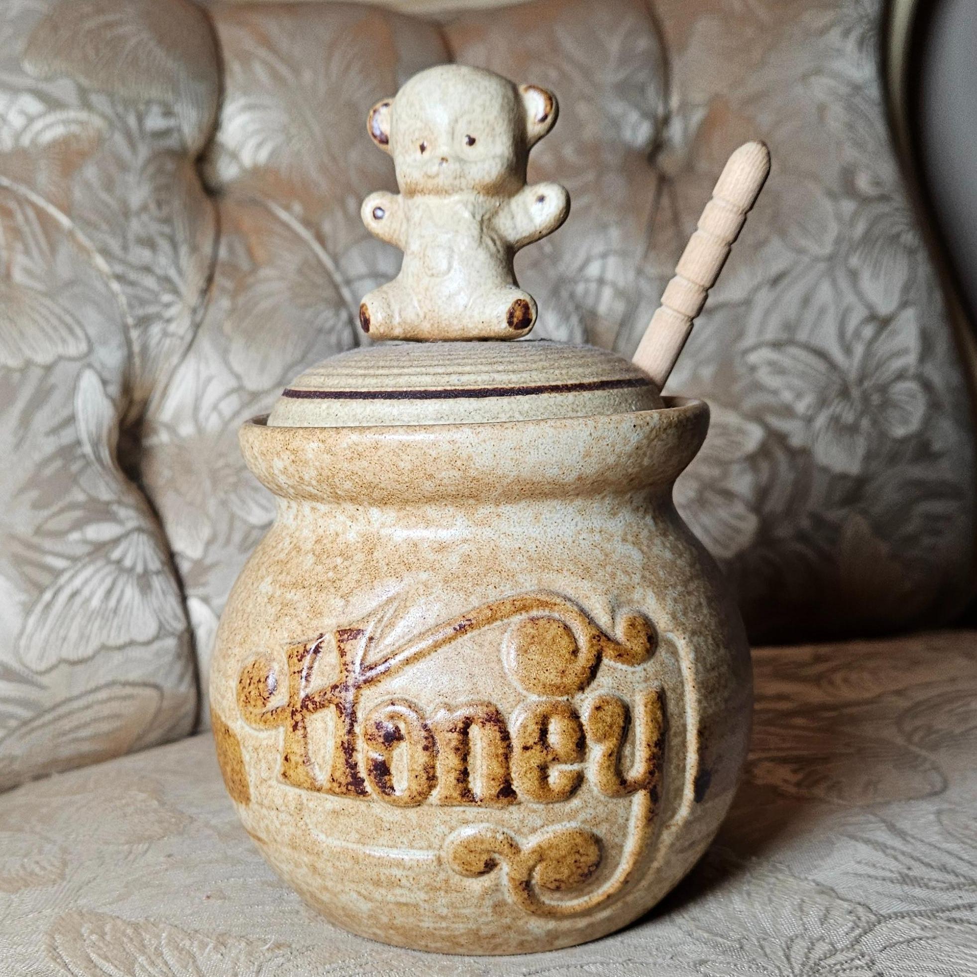 Vintage Ceramic Honey Jar with Bear Lid and Dipper