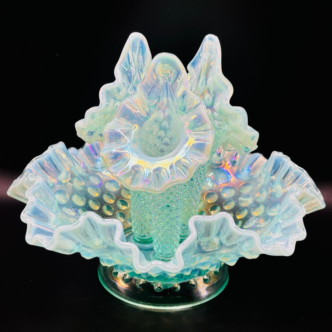 Fenton Opalescent Hobnail Epergne Blue Teal Carnival 3 Horn Vase ...