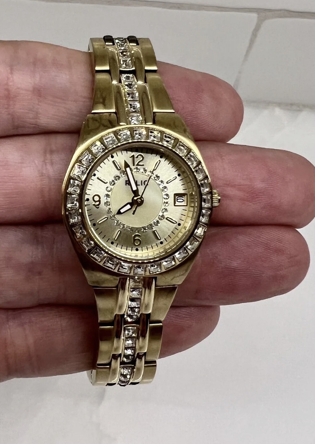 Relic Women's Gold Tone Crystals Watch Zr11778 S New Battery! W-12