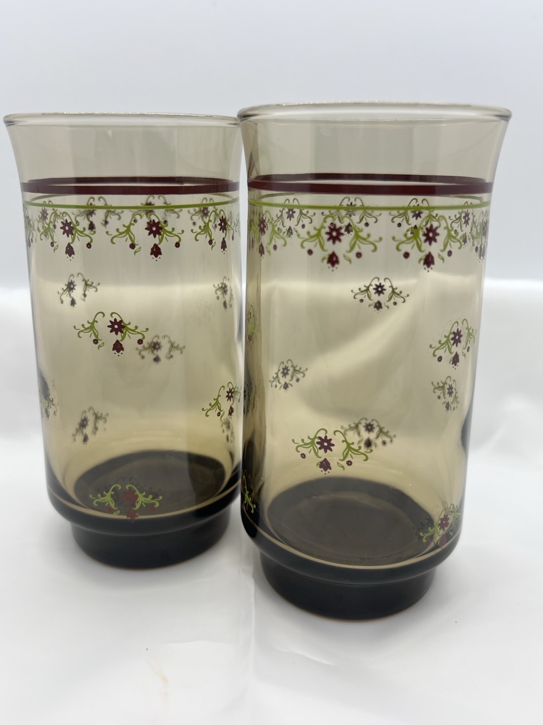 #2081B Set of 2 Vintage Libbey Drinking Glasses, Smokey Brown with Flowers