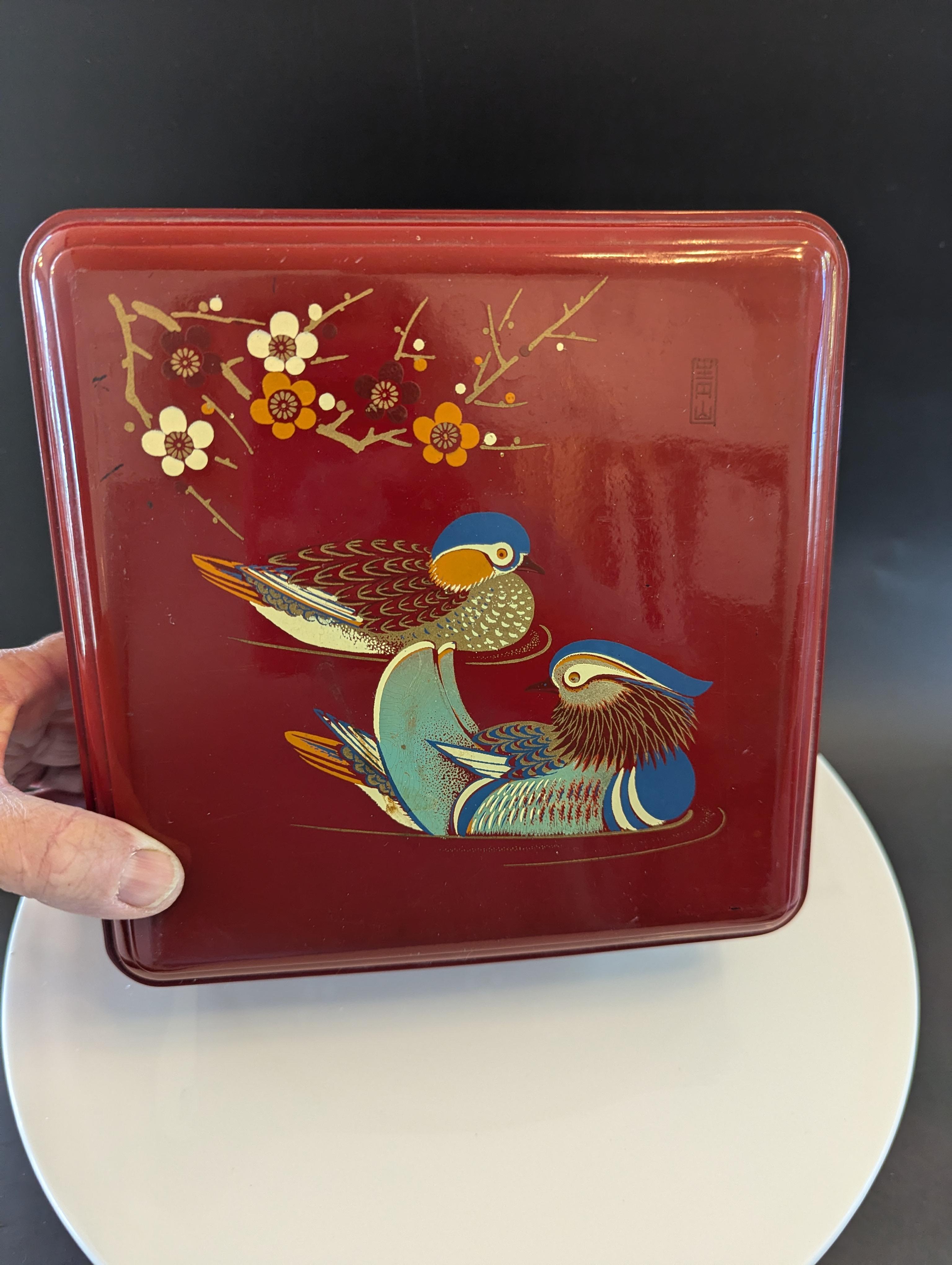 Vintage Red Lacquer Box with Mandarin Duck Design, Asian-Inspired Decor