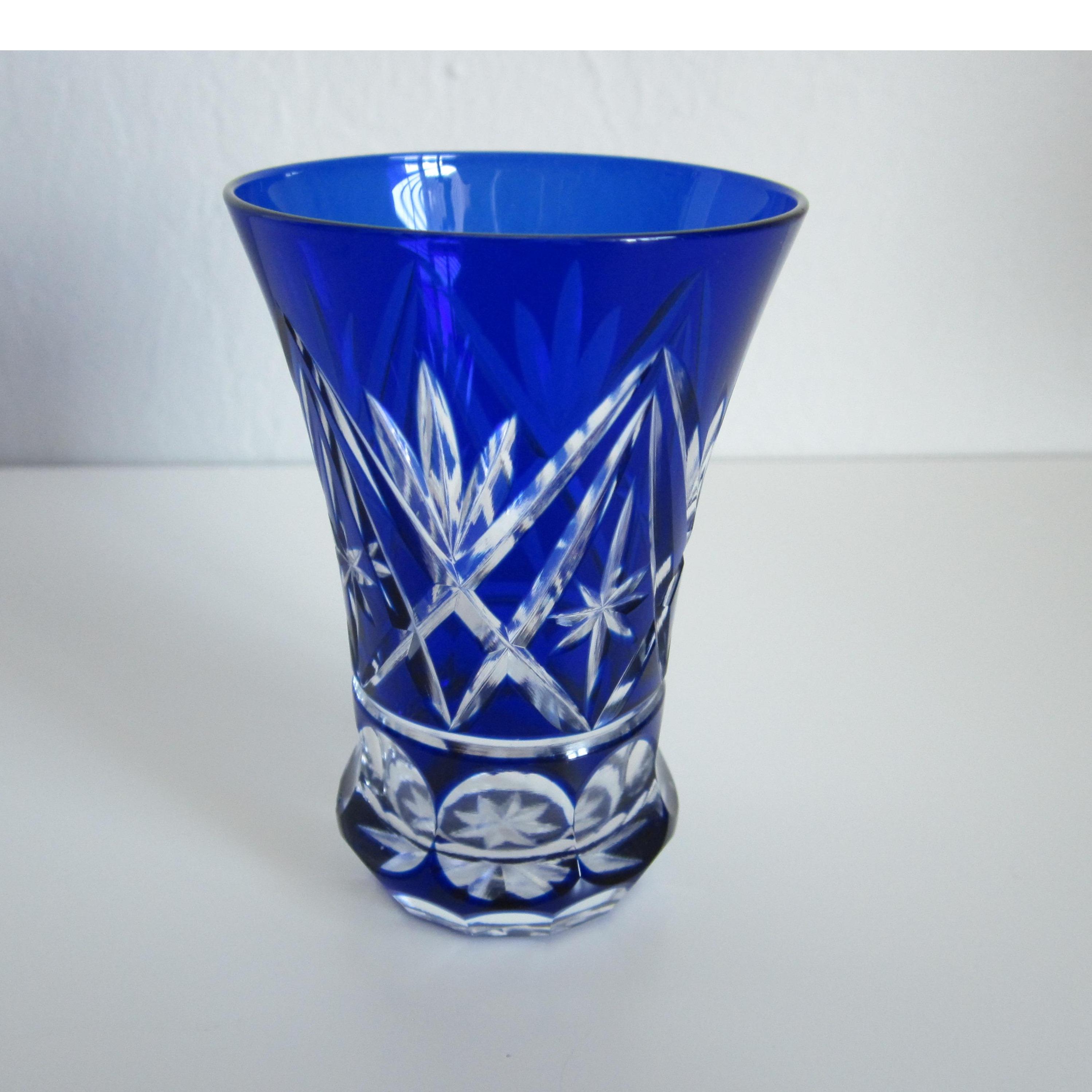 #02 Edo Kiriko Cobalt Cut to Clear Crystal Glass Sake Shot Glass, Japan