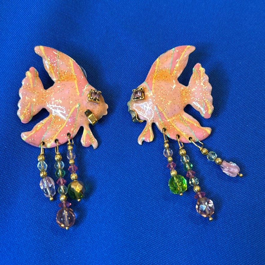 Lunch at the Ritz Coral Color Enamel Fish Drop Pierced Earrings Circa 1989