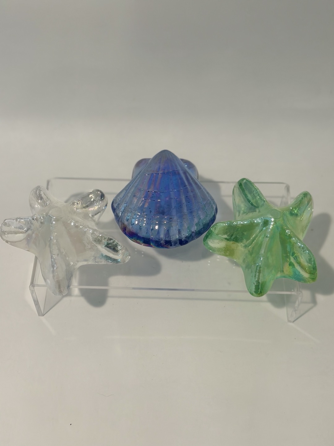 Set Of 3 Solid Glass Starfish & Shell Paperweights Nautical Beach Decor